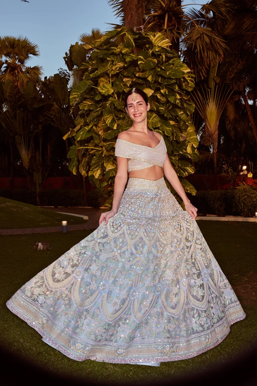 Gala Gonzalez in our Pastel Off-shoulder Lehenga Set – Manish Malhotra