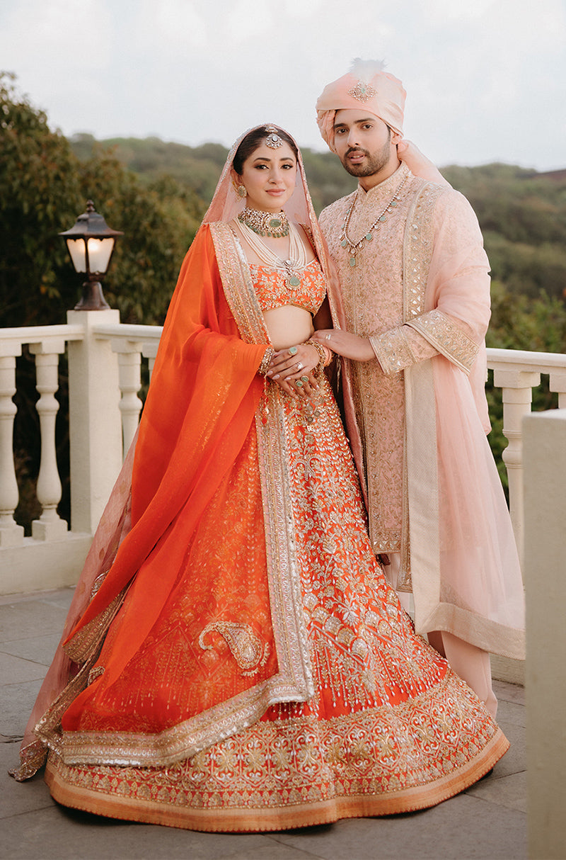 Bride: Aashna Shroff in our Evara Blush & Orange Raw Silk Lehenga Set ...