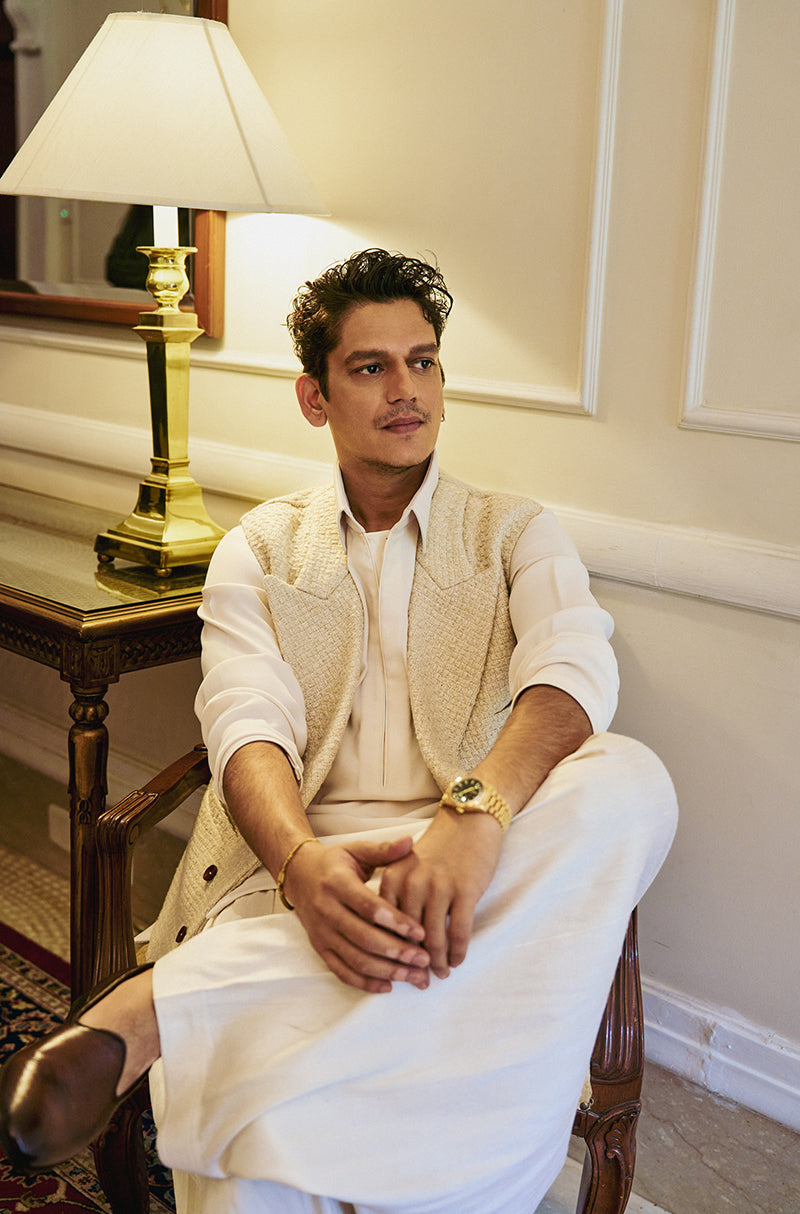 Vijay Varma in our Beige Textured Wasitcoat Set – Manish Malhotra
